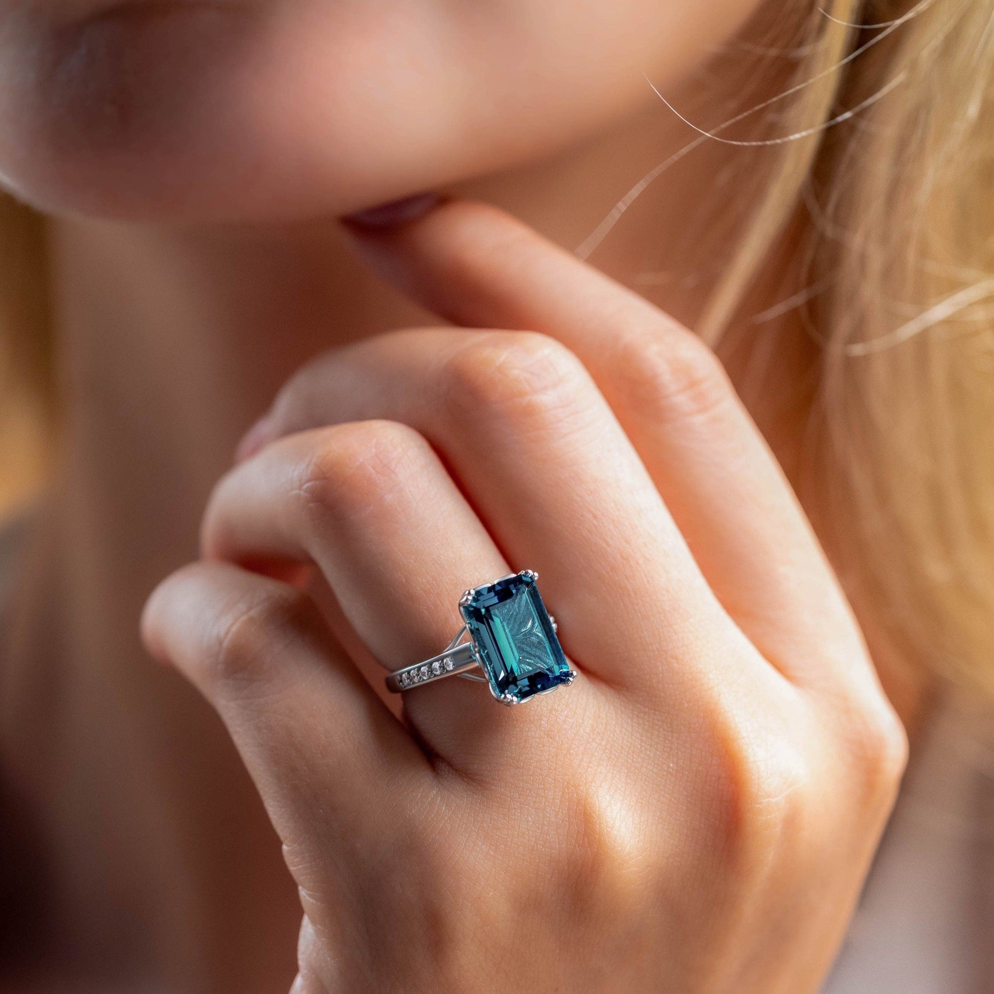 Azure Dream: Emerald-Cut Diamond Silver Ring | Unique Sculpted Design ...